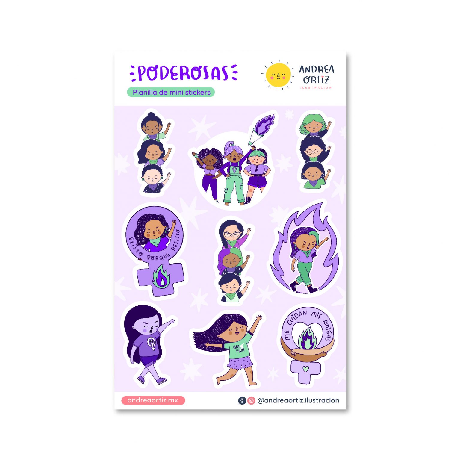 Planilla de mini stickers Poderosas – Andrea Ortiz Sosa – Ilustración